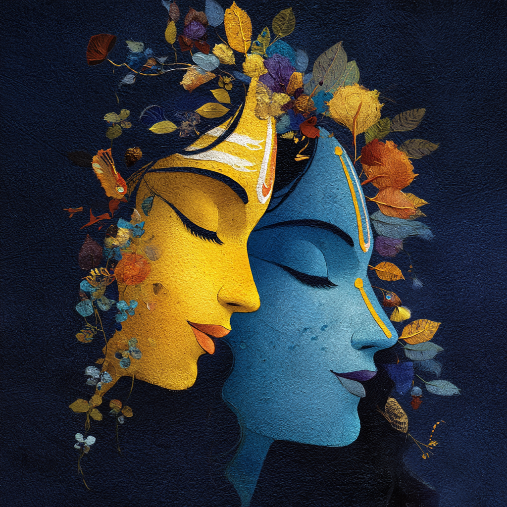Radha and Krishna painted in a poetic visual style expressing peace an