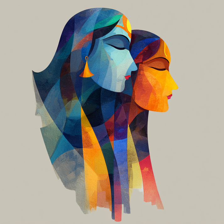 A conceptual painting of Radha and Krishna exploring spiritual unity t