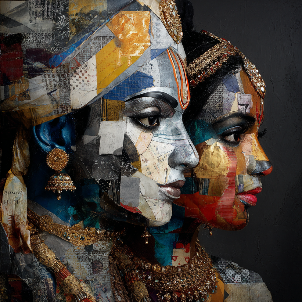Divine Mosaic: Radha Krishna in Collage Art