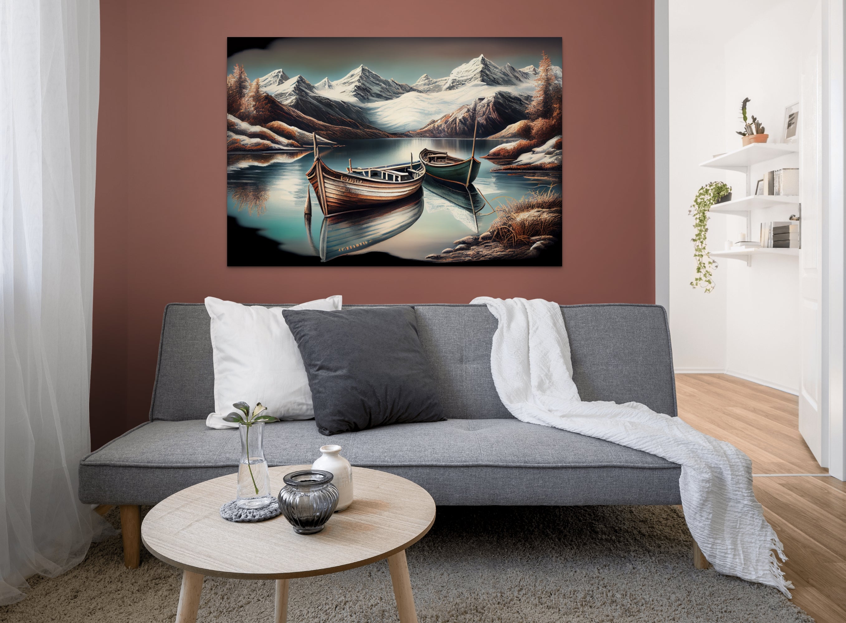 Serene Waters: A Stunning Airbrush Art Print of Small Boats in a Snowy