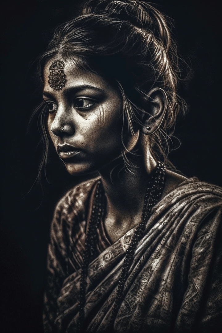 A Captivating Charcoal Portrait Print of an Indian Village Girl