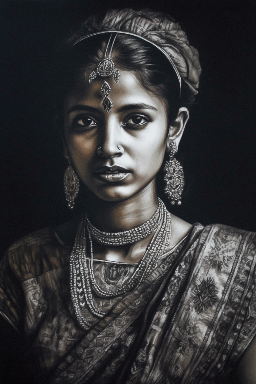 Ethnic Elegance: A Stunning Charcoal Portrait Print of a Traditional I