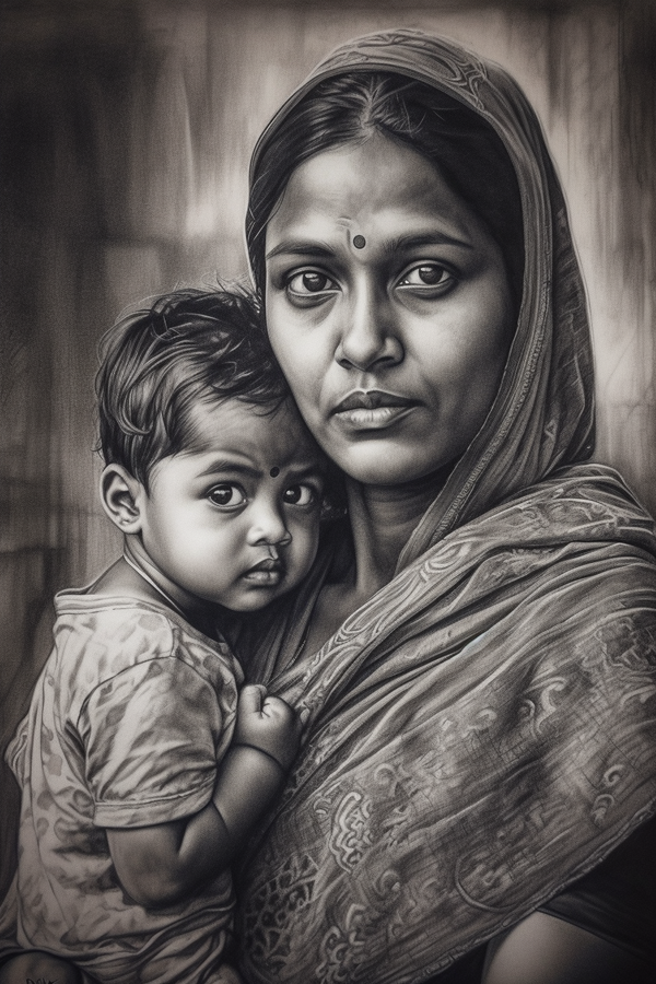 A Charcoal Portrait Print of a Traditional Indian Woman Embracing Her