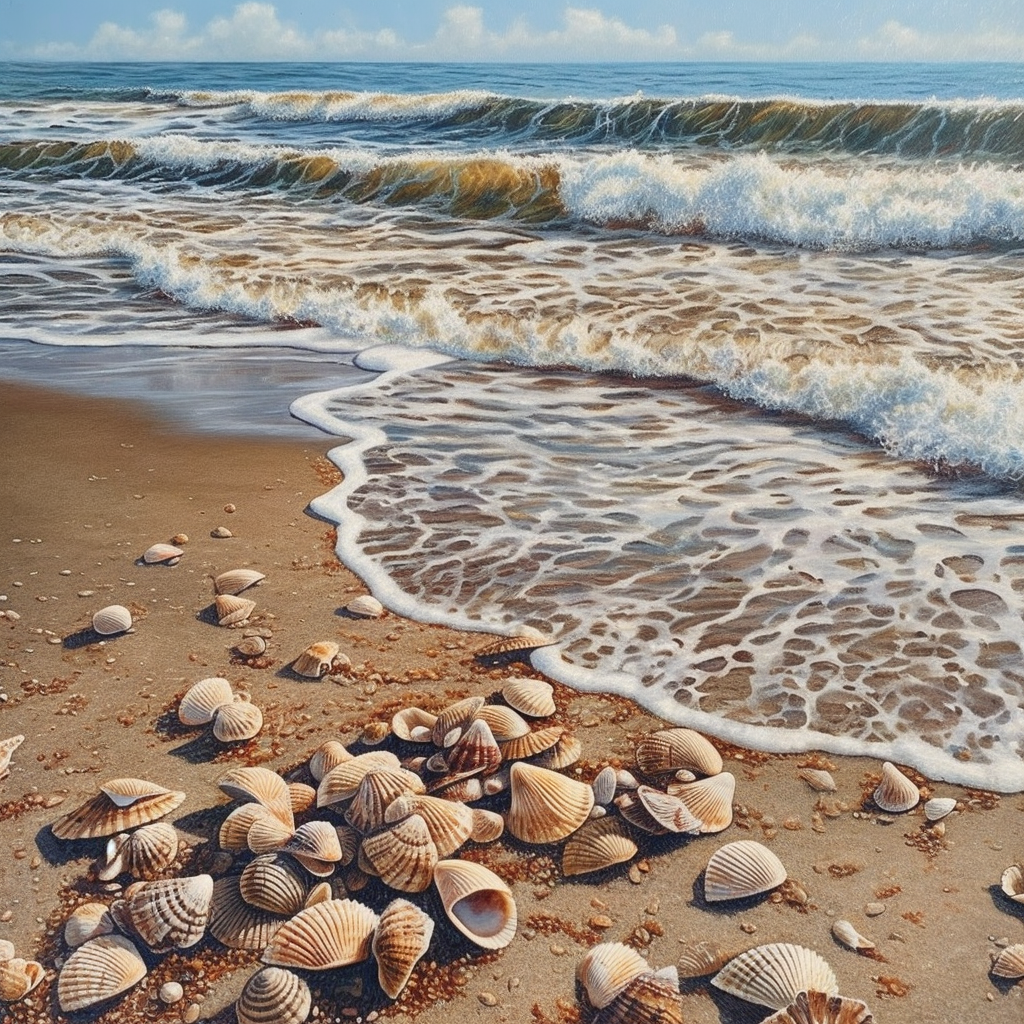 A Hyperrealistic Acrylic Color Painting Print of a Seashore, Adorned w
