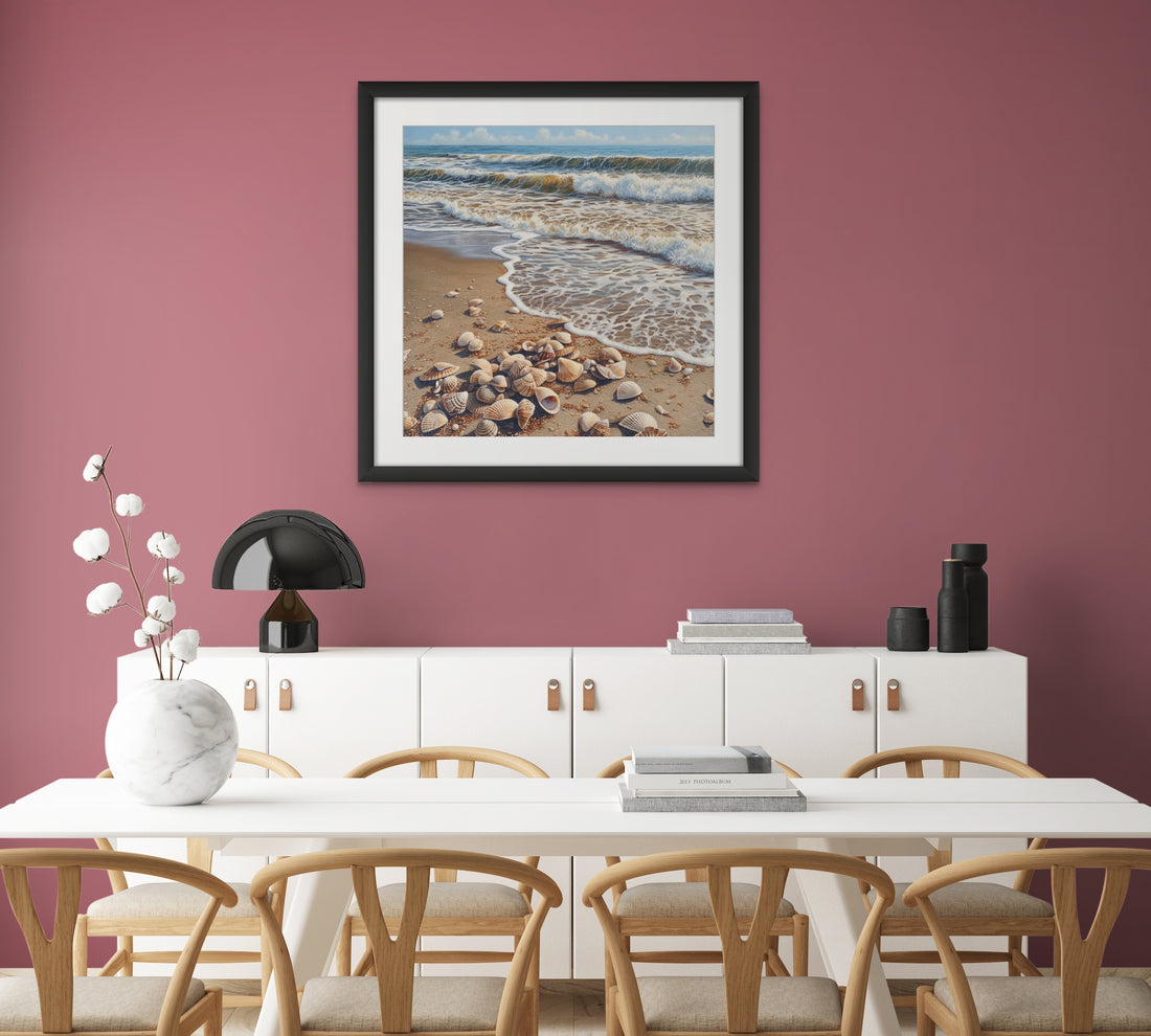 A Hyperrealistic Acrylic Color Painting Print of a Seashore, Adorned w