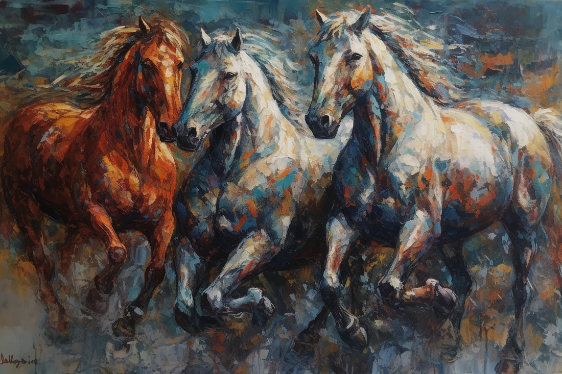 A Striking Abstract Color Expressionism Print of Three Majestic Horses