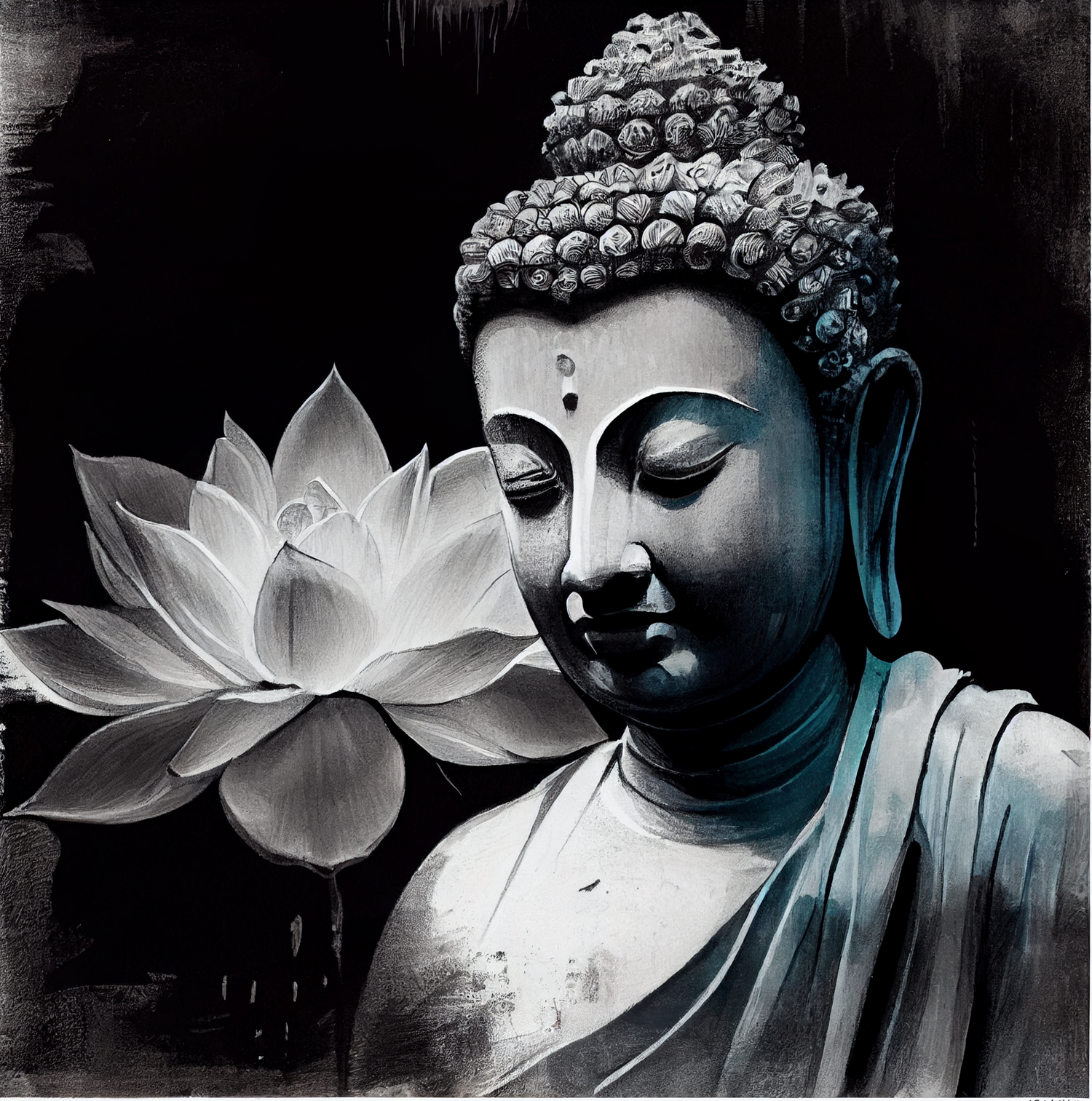 Transcendent Serenity: A Contemporary Charcoal Portrait Print of Buddh