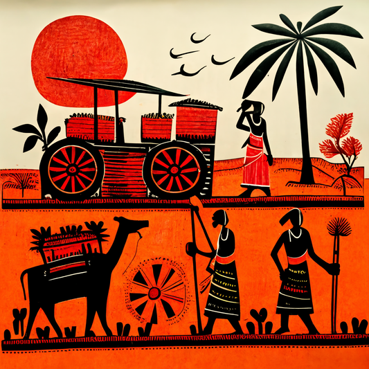 "Digital Print of Warli Artwork Depicting Farming People in Earthy Ton