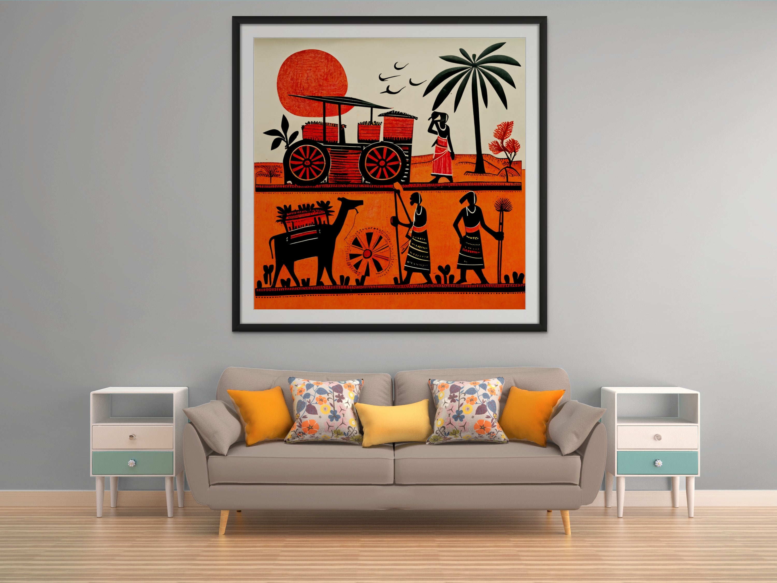 "Digital Print of Warli Artwork Depicting Farming People in Earthy Ton