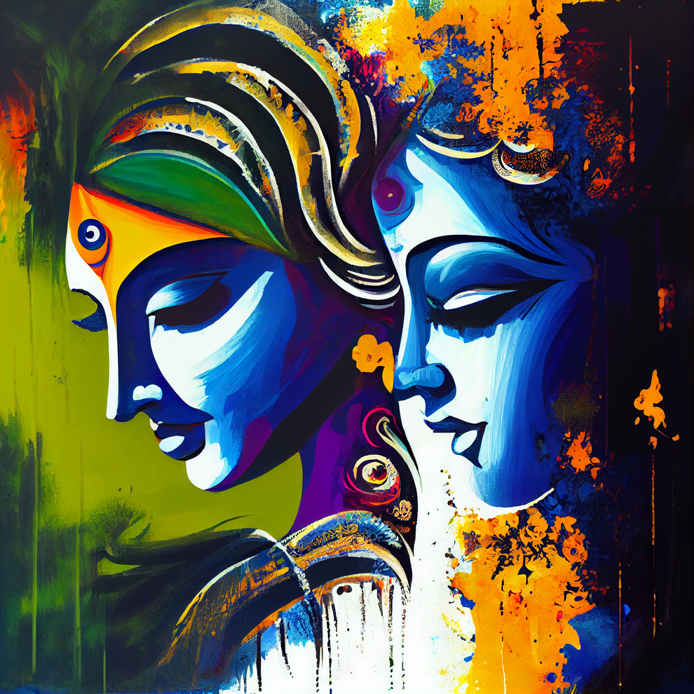 Cosmic Love: Modern Spray Print of Hindu God Radha Krishna's Face