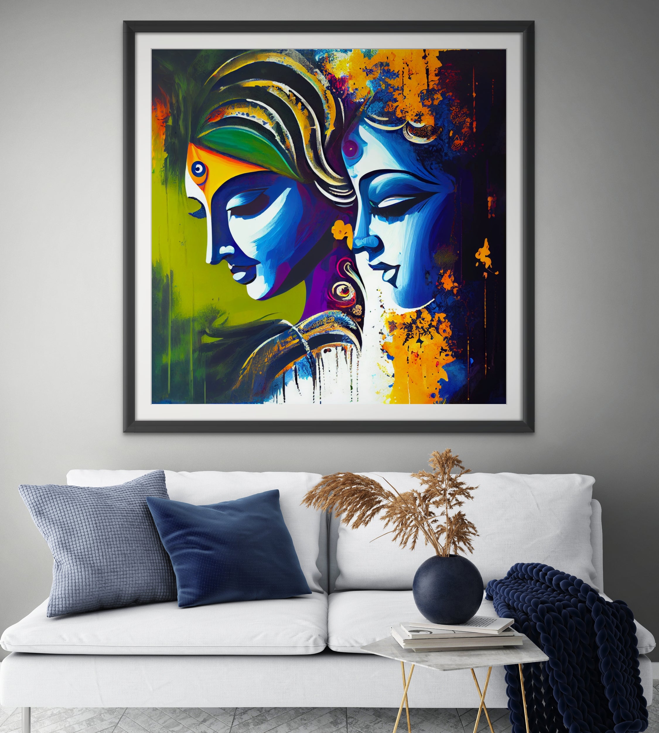 Cosmic Love: Modern Spray Print of Hindu God Radha Krishna's Face