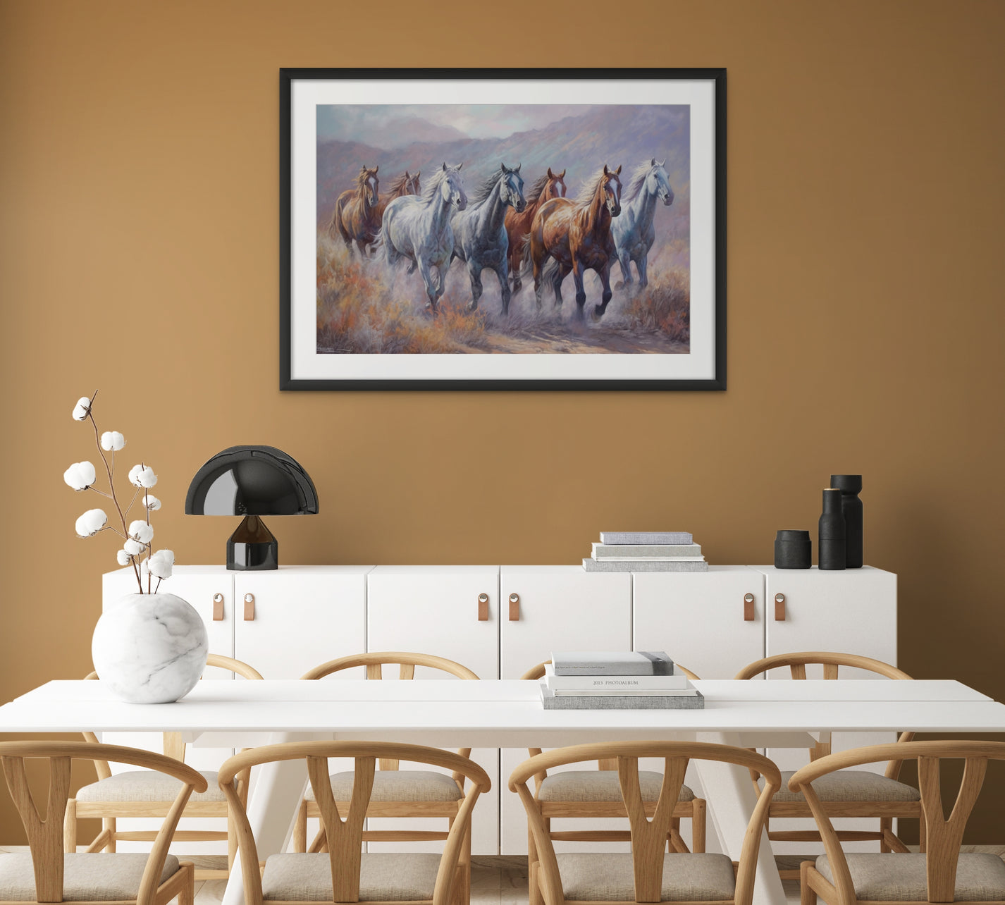 A Striking Acrylic Color Print of Seven Majestic Horses Running Free i