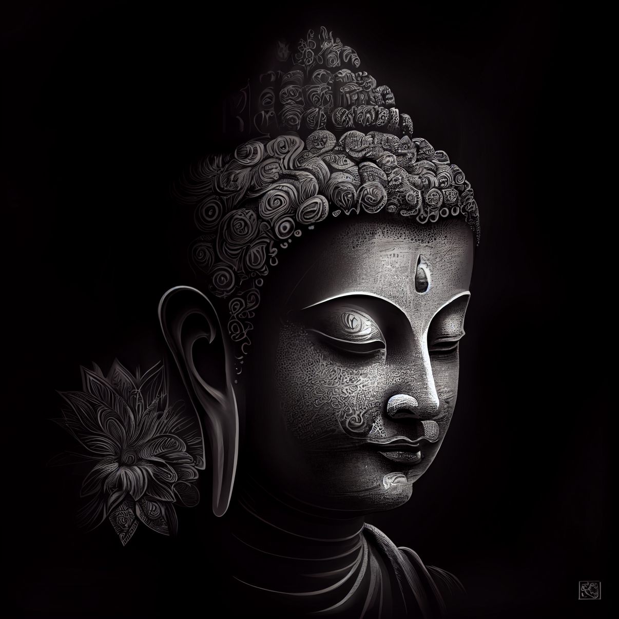 Enlightened Beauty: Pencil Art Print of Lord Buddha Face on Black Plai