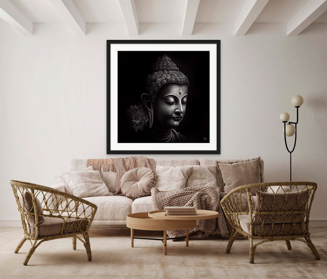 Enlightened Beauty: Pencil Art Print of Lord Buddha Face on Black Plai