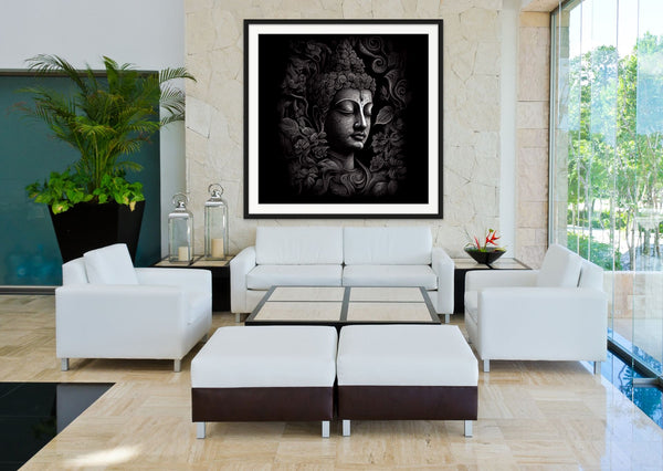 Divine Detail: Pencil Art Print of Lord Buddha Face on Intricately Det