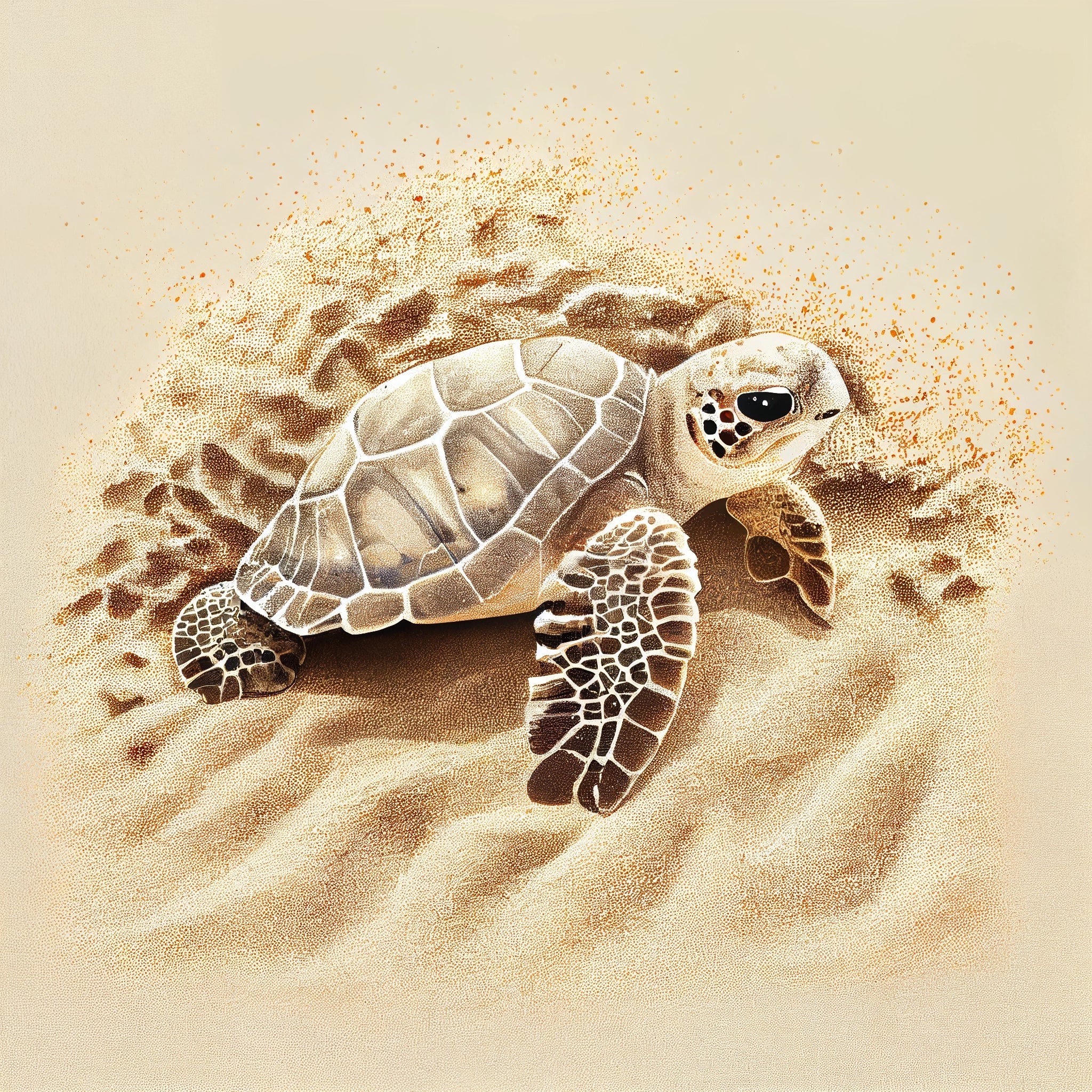 Cute Baby Turtle Spray Color Painting Print on Light Beige Linen-Looki