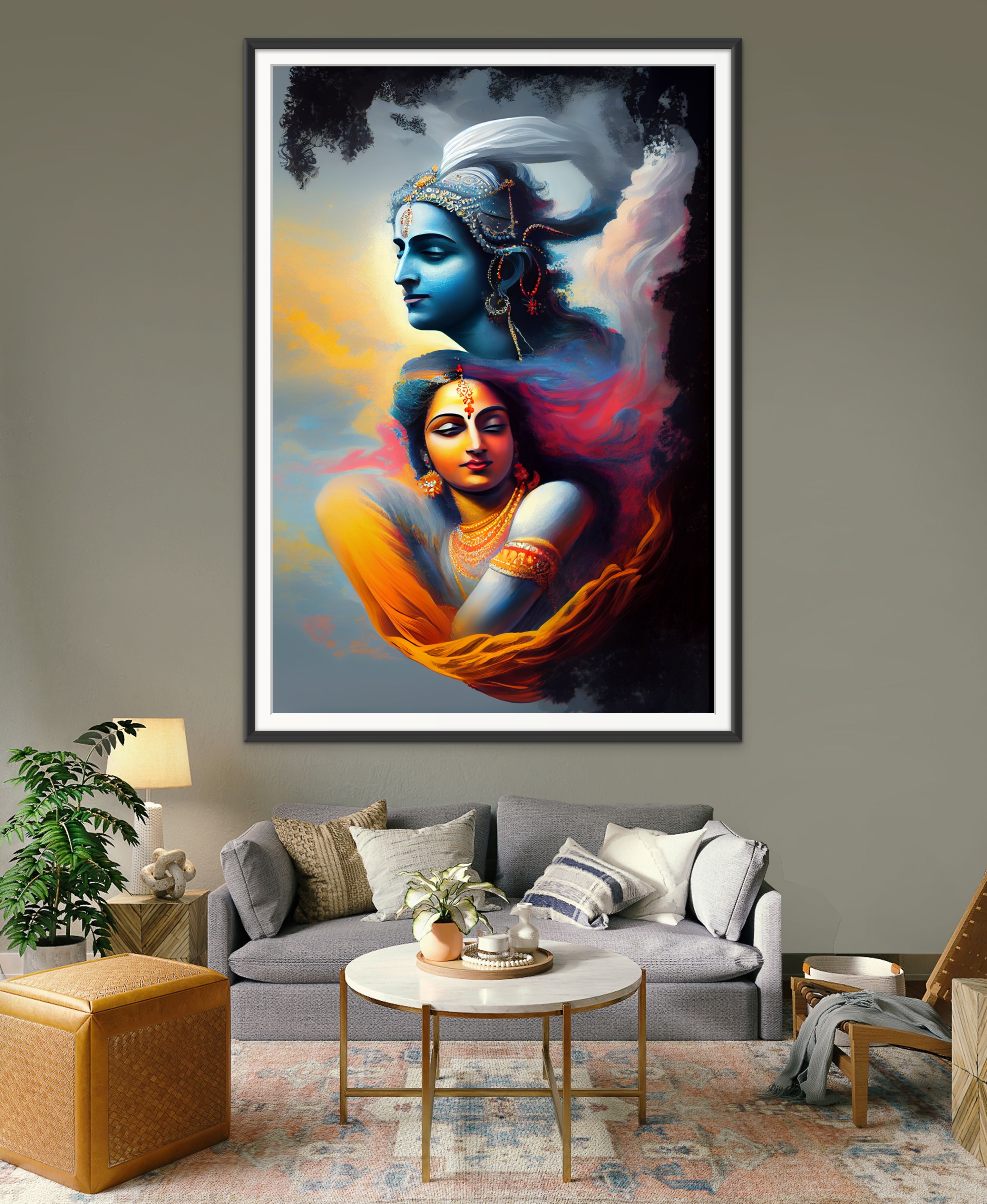 Devotion: A Captivating Spray Art Print of Radha Krishna, Embodied in